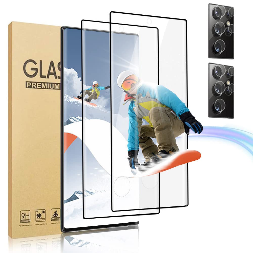 [2+2 Pack] Galaxy S22 Ultra Screen Protector Tempered Glass + Camera Lens Protector [Support Fingerprint Unlock][9H Hardness] 3D Full Coverage HD Clear Glass for Samsung Galaxy S22 Ultra 5G (6.8")