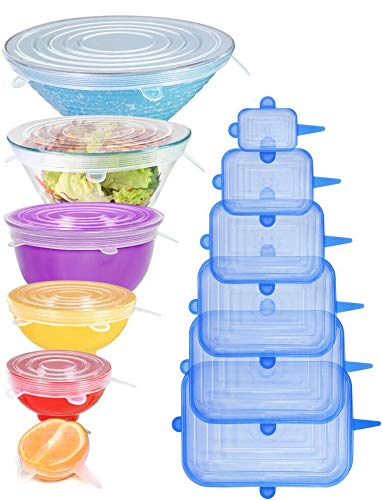 [12pack] Longzon Silicone Stretch Lids 6 Clear Round 6 Blue Rectangle, Magic Lids Reusable Food Covers for Bowls, Cups, Cans, Fit Different Sizes & Shapes of Container, Dishwasher & Freezer Safe