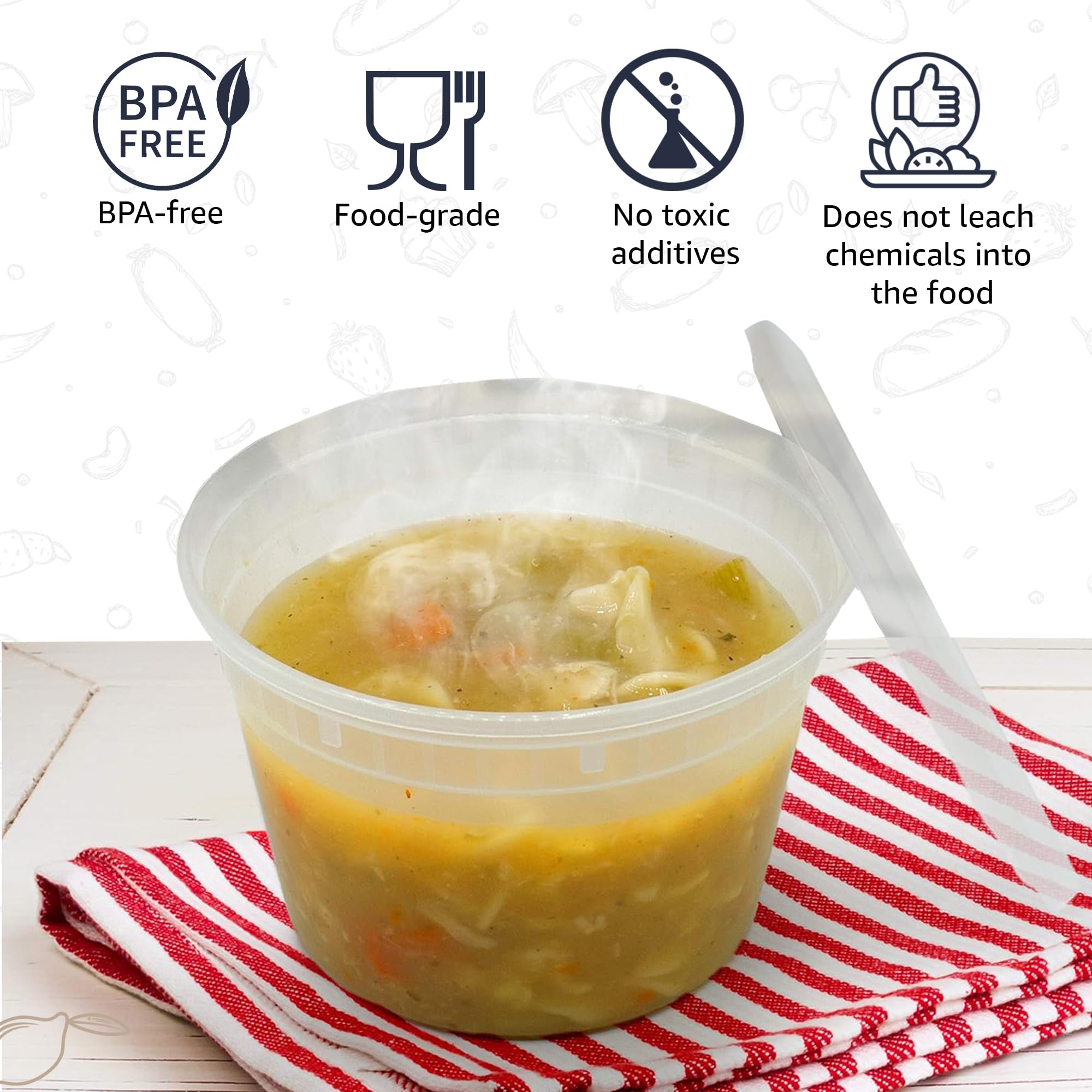 [24 Pack - 32 oz] Plastic Soup Cups Deli Food Storage Containers with Tight Lids Portion Control Non-Spill Stackable Microwaveable Freezer Dishwasher Safe