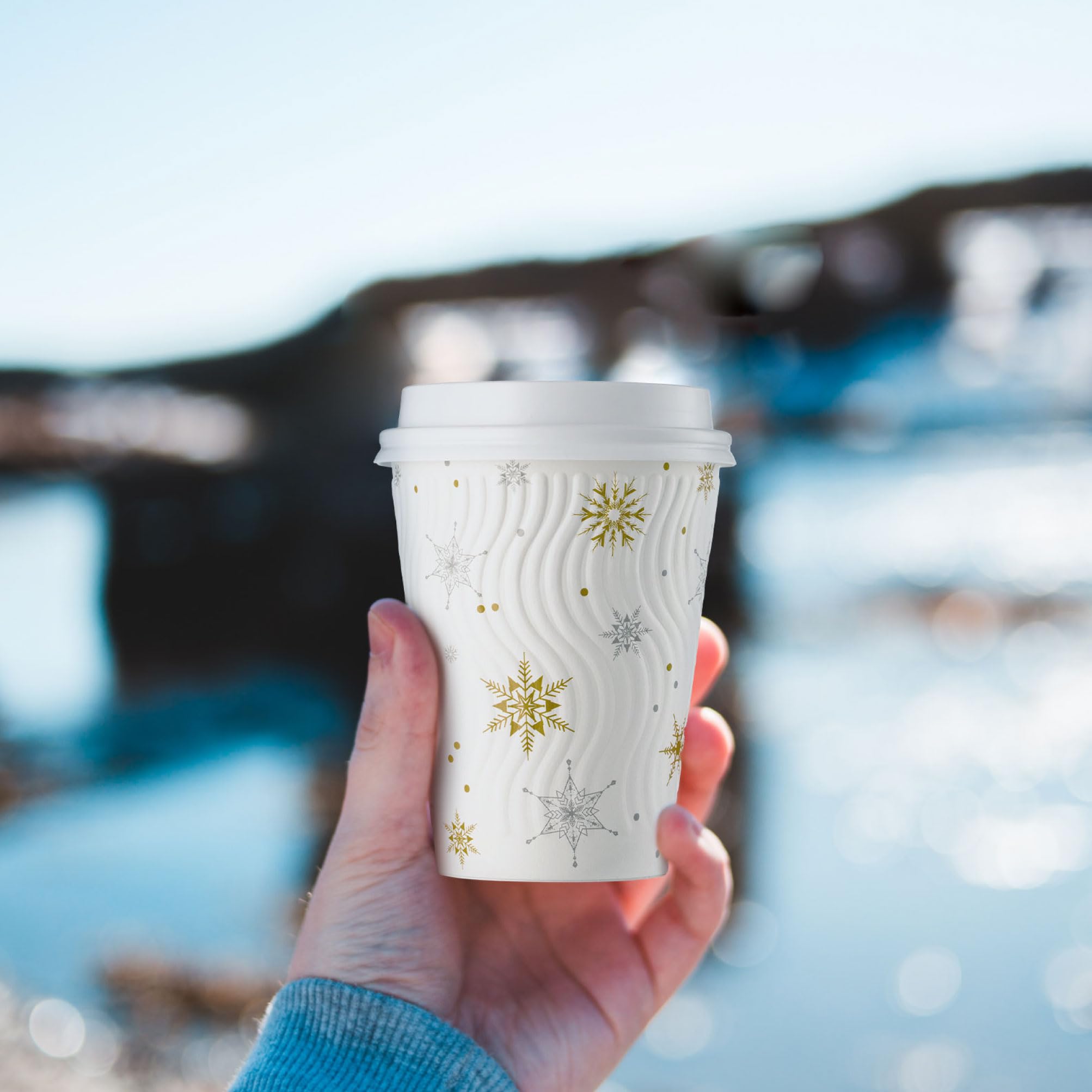 [100 SET]Harvest Pack 12 oz Christmas Coffee Cups, White Snowflake Winter Disposable Paper Cups, Insulated Ripple Wall Paper Cups with Lids, XMAS Gold and Silver Foil, Hot Chocolate To go