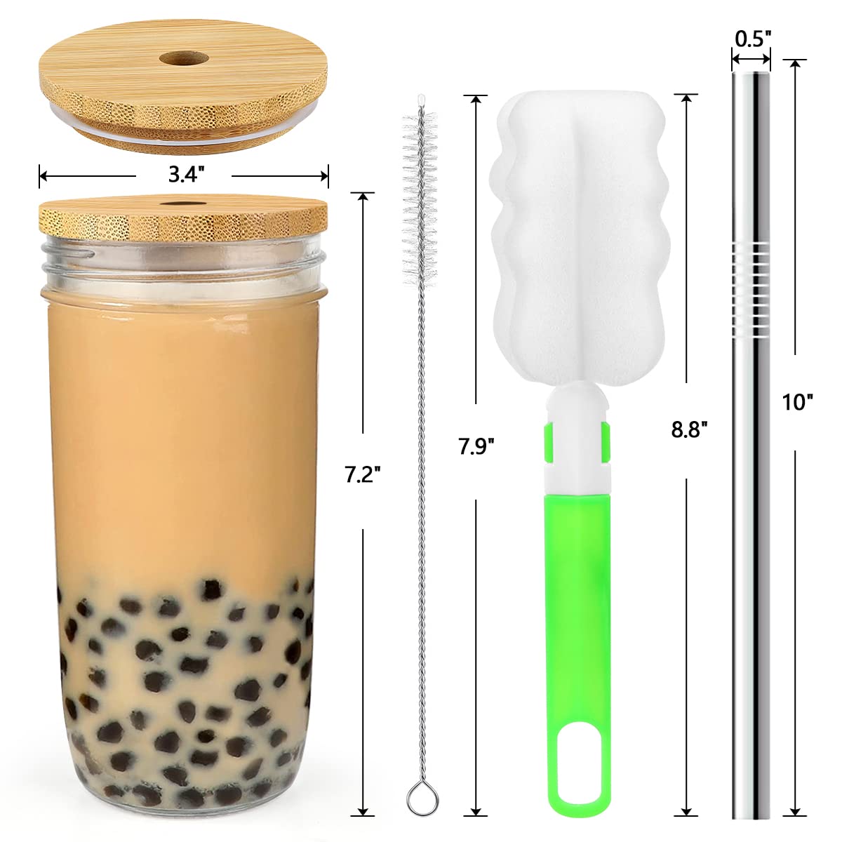 [ 4 Pack ] Glass Cups Set - 24oz Mason Jar with Straw Reusable Wide Mouth Bubble Smoothie Bobo Iced Coffee Cup w 12 Airtight Lids Brush,Tumbler Drinking Bottle for Pearl Tea, Juice