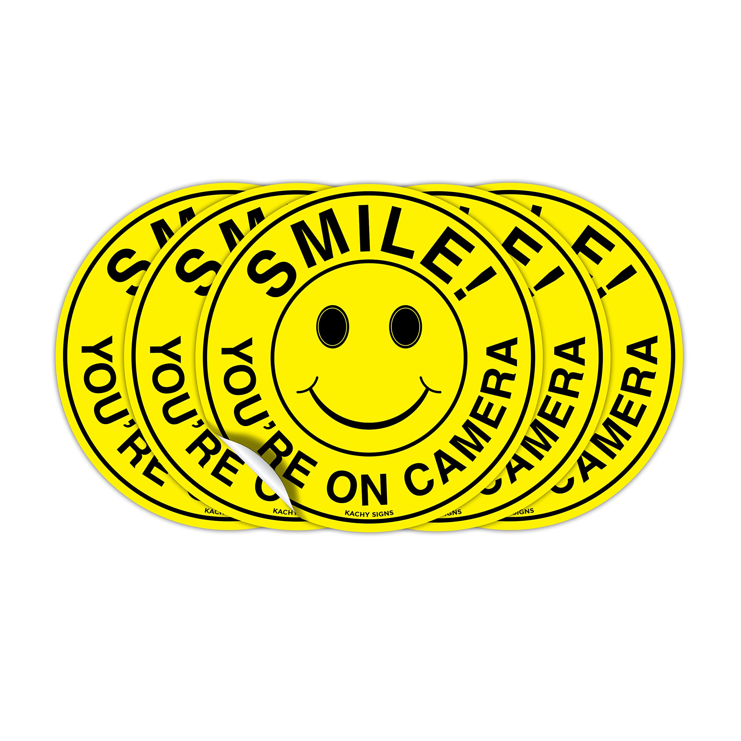 (Set of 5) Smile You're On Camera Sign - 4.5" Circle - 4 Mil Vinyl - Laminated for Ultimate Protection & Durability - Self Adhesive Decal - UV Protected & Weatherproof - Heavy Duty