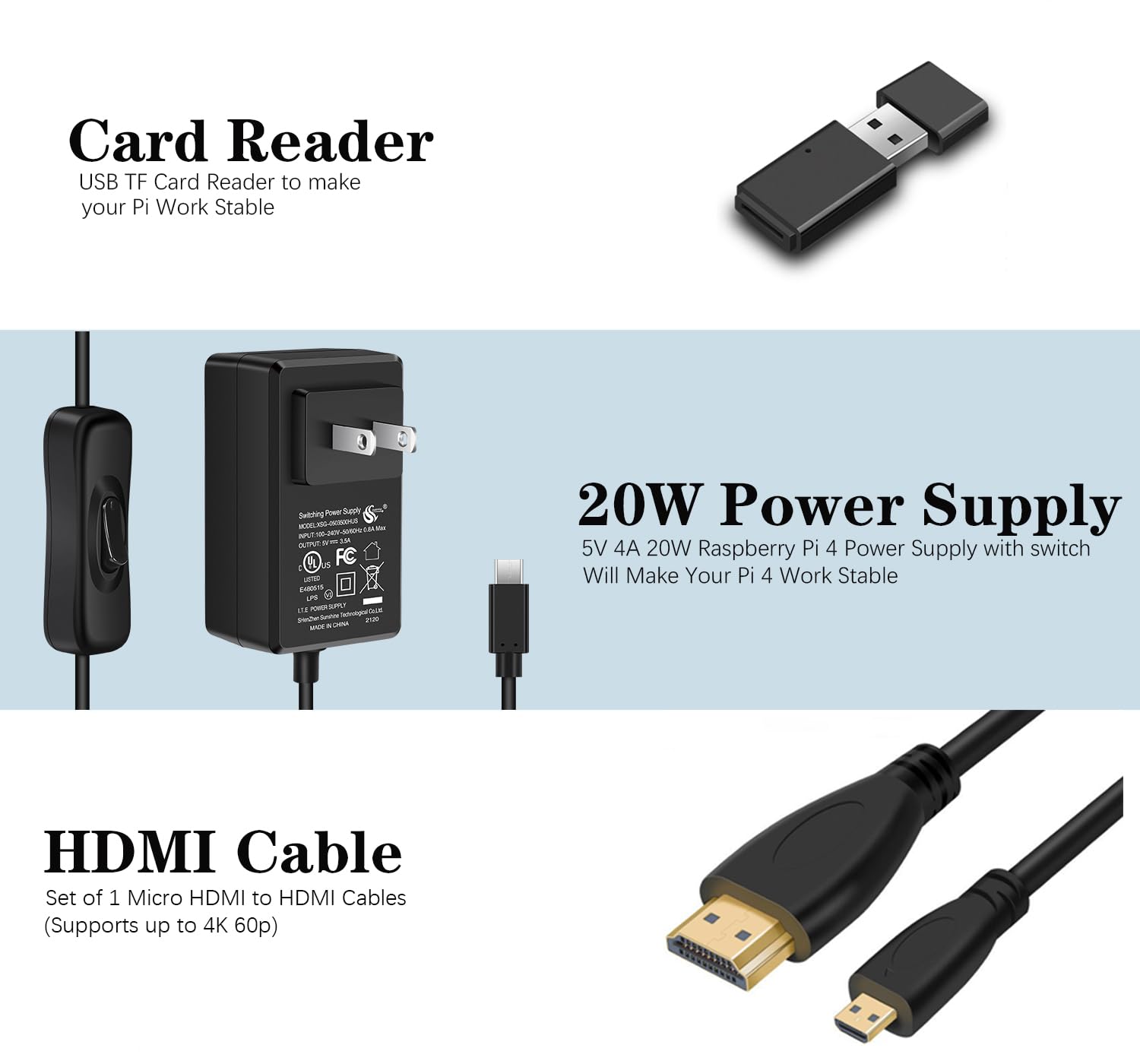 [20W 5V 4A] Raspberry Pi 4 Case, iUniker 20W 5V 4A USB C Raspberry Pi 4 Power Supply with Switch Heatsink 40mm Cooling Fan, 32GB Card, Card Reader, 4K Hdmi Cable for Pi 4 8gb/4gb/2gb