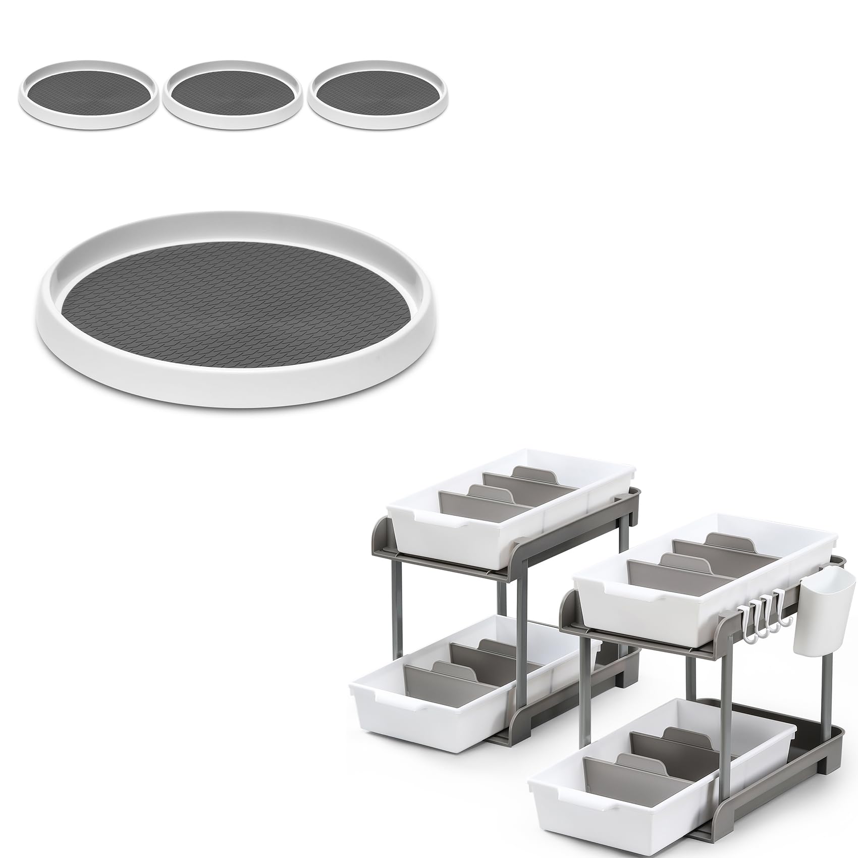 [ 4 Pack ] 12 Inch Non-Skid Turntable Lazy Susan Organizers & 2 Set, 2 Tier Pull-Out Under Sink Organizer and Storage with Dividers