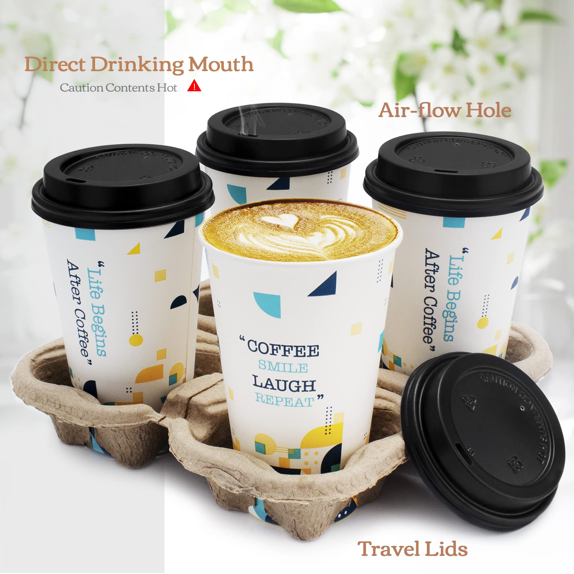 [100 Pack] To Go Coffee Paper Cups with Lids 16 oz | Disposable Coffee Cups with lids | Reusable & Recyclable | Hot & Cold Beverage Drinking Cups for Espresso Tea Water Milk