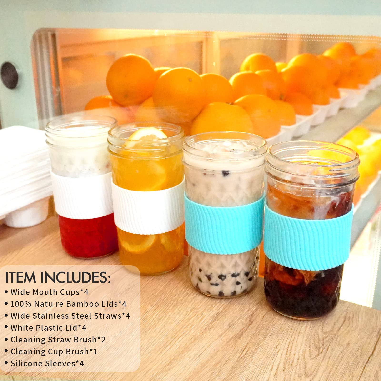 [ 4 Pack ] Glass Cups Set - 22oz Wide Mouth Mason Jar Drinking Glasses with Bamboo Lids & Straws & 4 Airtight Lids, Boba Cup Bubble Tea Cup, Smoothie Cups Tumbler for Pearl Milk Tea,Iced Coffee,Juice