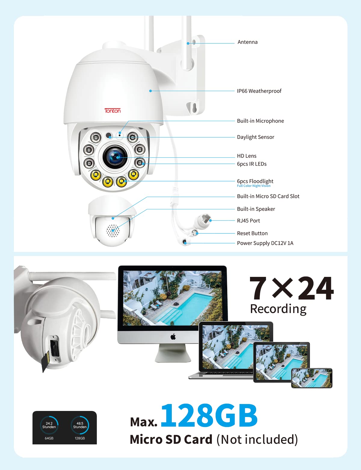 [2K,Auto-Track Camera] Tonton 3MP Wireless Pan and Tilt Outdoor WiFi Security Camera,2 Way Audio,Floodlight,Color Night Vision,Standalone Working,Also Works with All of Tonton Wireless NVRs