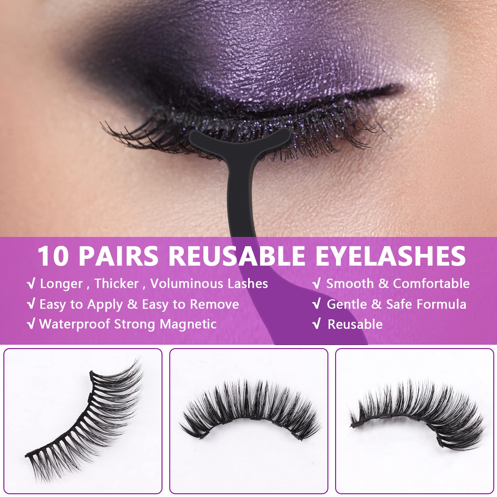[10 Pairs] Magnetic Eyelashes and Eyeliner Kit, Reusable Magnetic Lashes with Eyeliner and Tweezers, 3D Natural Look False Eyelashes (10 PAIRS)