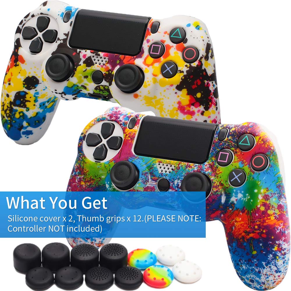 [2 Pack] Skin Cover for Sony PS4/slim/Pro Dualshock 4 Controller , Colorful Silicone Protecte Case Printing Cool, with Pro Thumb Grips x 12