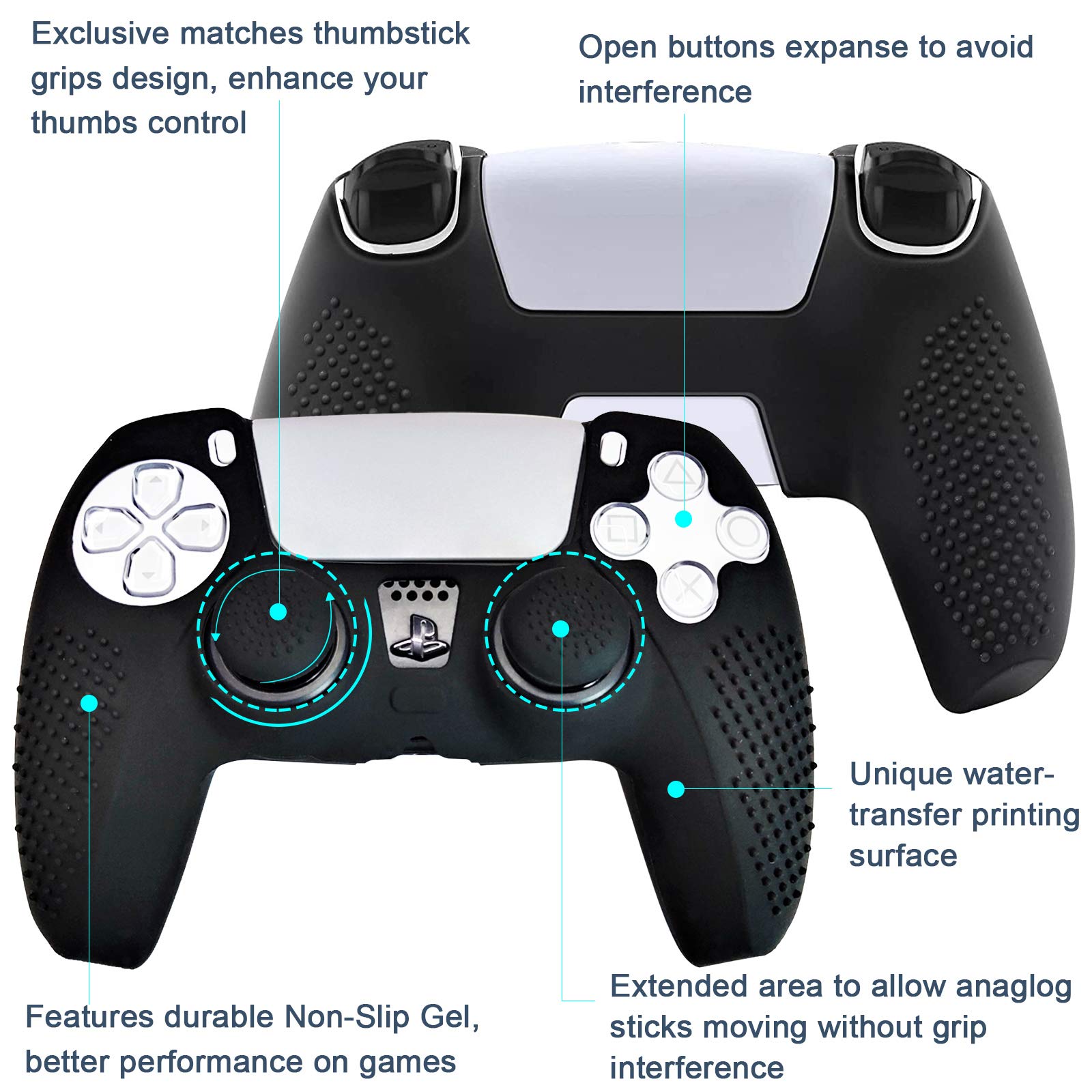 [2 Pack] Medical Grade Silicone Controller Cover for PS5 Controller, ZEYA for Controller Skins with 8 Thumb Grip Caps – Compatible with Charging Station(Black)