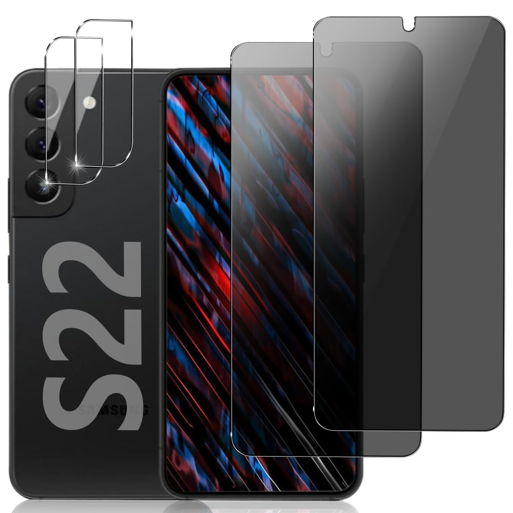 [2+2 Pack] Galaxy S22 5G Privacy Tempered Glass Screen Protector + Camera Lens Film [9H Hardness] [ Full Coverage] [Anti-Fingerprints] Support fingerprint unlocking For Samsung Galaxy S22 (6.1 Inch)