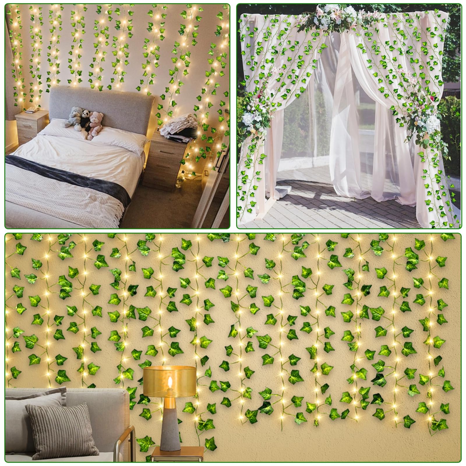 [ Timer ] Fake Ivy Vines 12 Pack 84Ft with 100 LED Vines with Lights Large & Small Thick Leaves String Lights Hanging Ivy Vines Lights for Bedroom Gardens Wedding Wall Room Decor