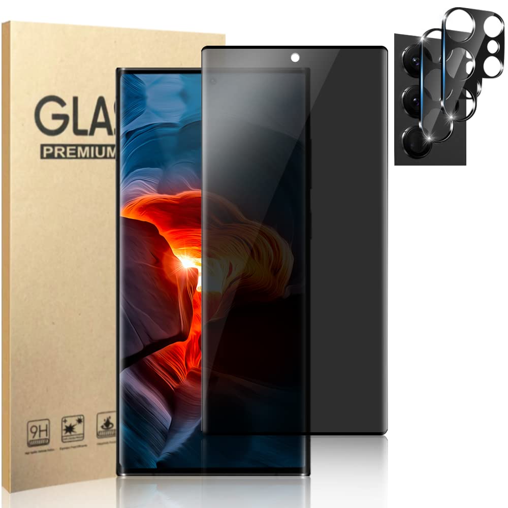 [1+2 Pack] Galaxy S23 Ultra Privacy Screen Protector with Glass Camera Lens Protector, 3D Curved, Scratch Resistant, Bubble-Free, Anti-Spy Tempered Glass for Samsung Galaxy S23 Ultra 5G 6.8 Inch