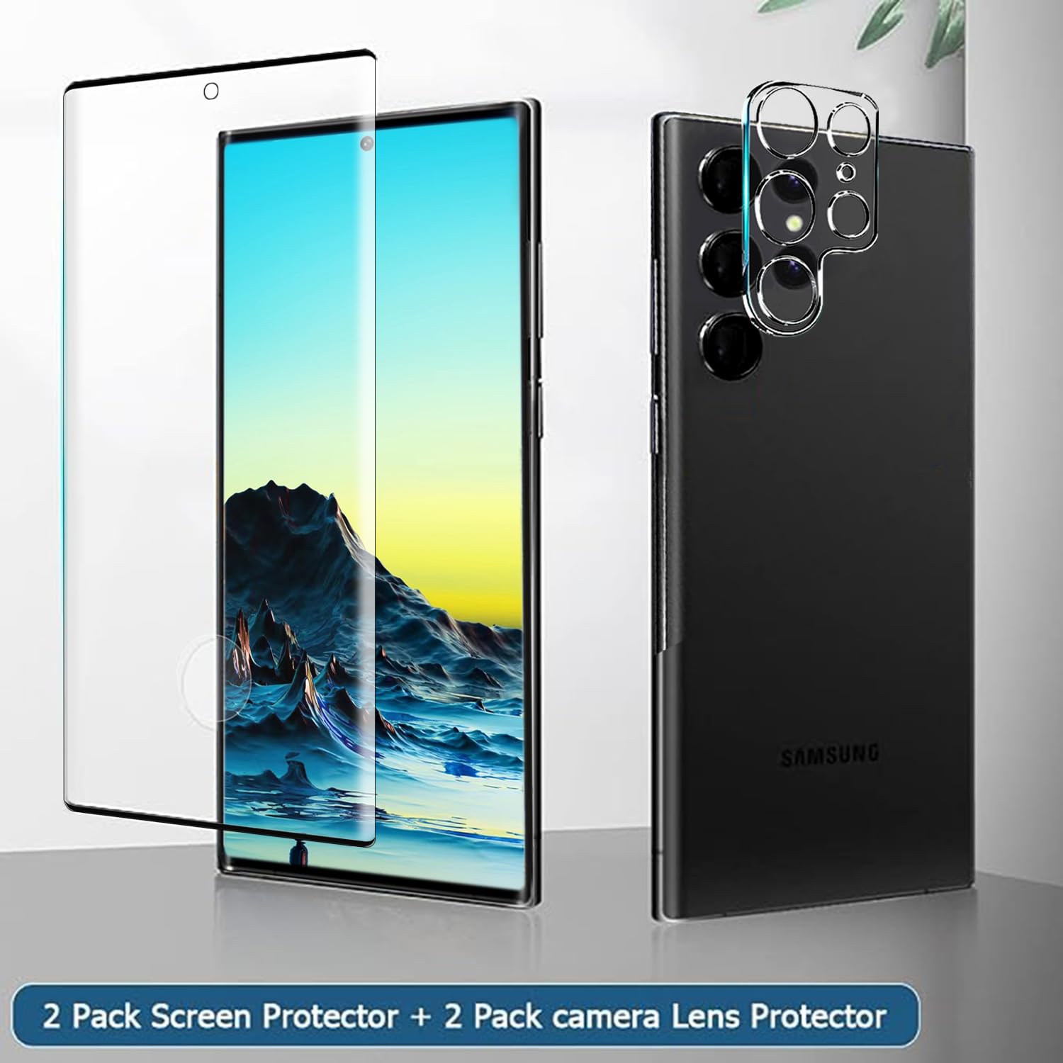 [2+2 Pack] Galaxy S23 Ultra Screen Protector, 2 Pack Tempered Glass Screen Protector +2 Pack Tempered Glass Camera Lens Protector,3D Curved,9H Tempered Glass, Ultrasonic Fingerprint Support, HD Clear