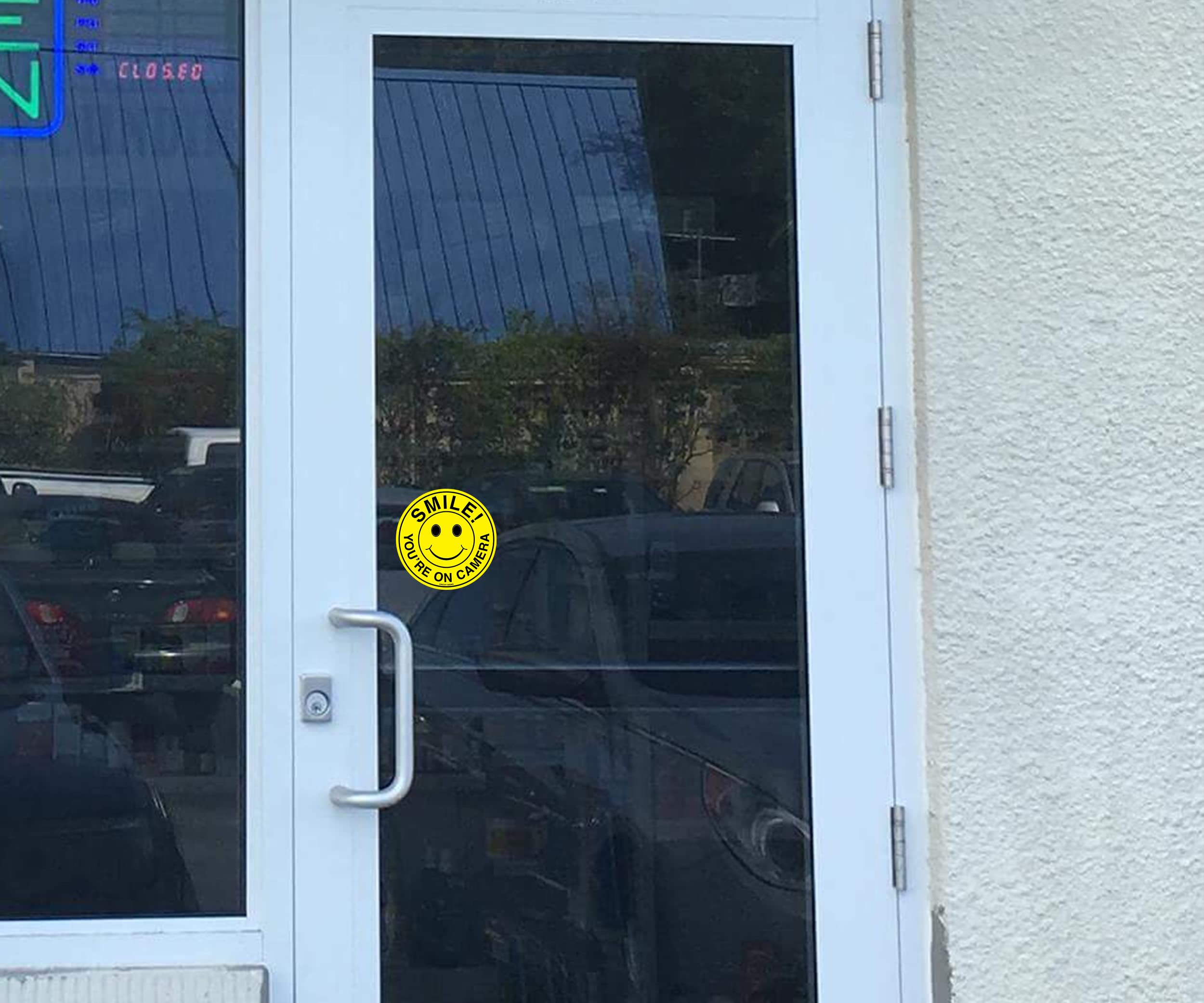 (Set of 5) Smile You're On Camera Sign - 4.5" Circle - 4 Mil Vinyl - Laminated for Ultimate Protection & Durability - Self Adhesive Decal - UV Protected & Weatherproof - Heavy Duty