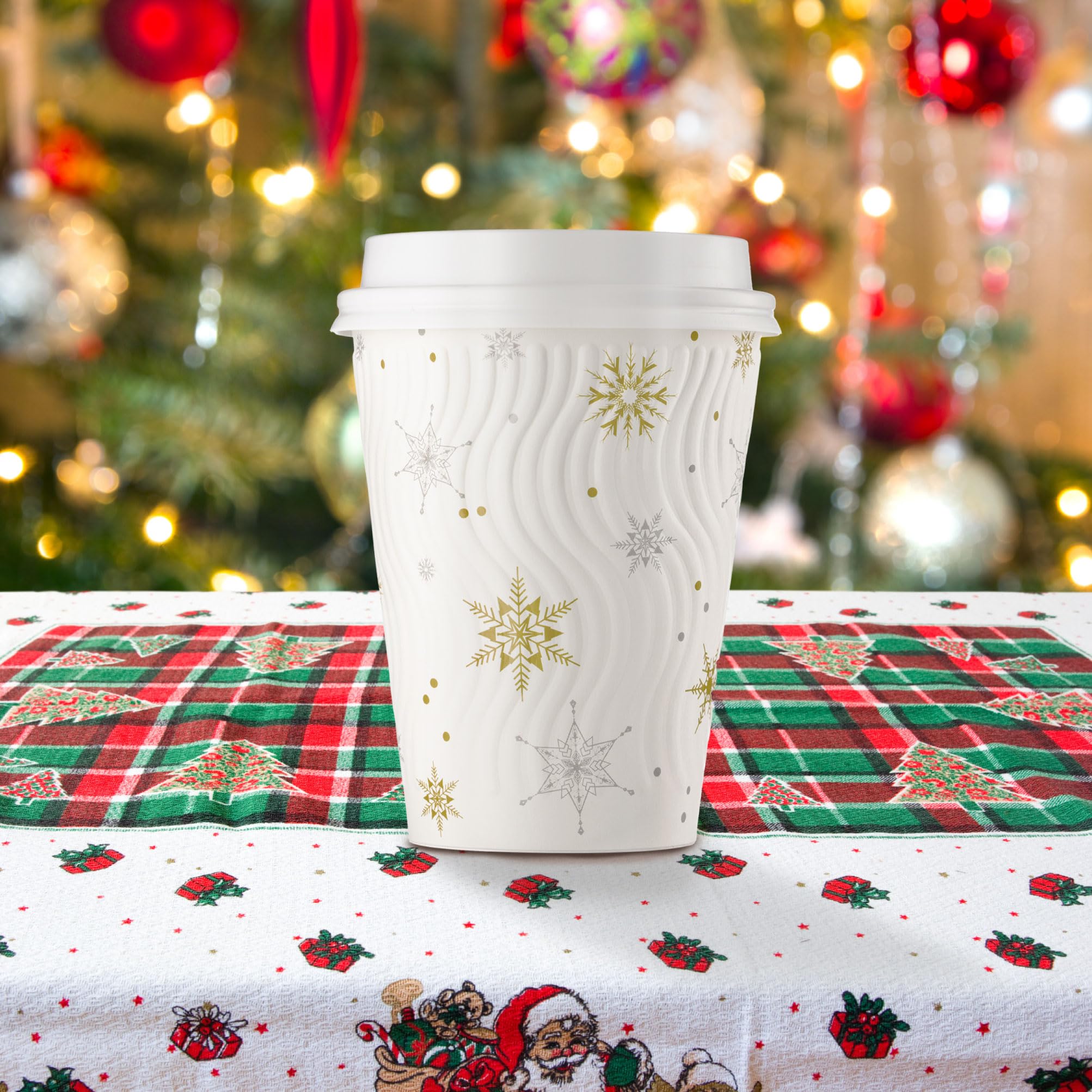 [100 SET]Harvest Pack 12 oz Christmas Coffee Cups, White Snowflake Winter Disposable Paper Cups, Insulated Ripple Wall Paper Cups with Lids, XMAS Gold and Silver Foil, Hot Chocolate To go