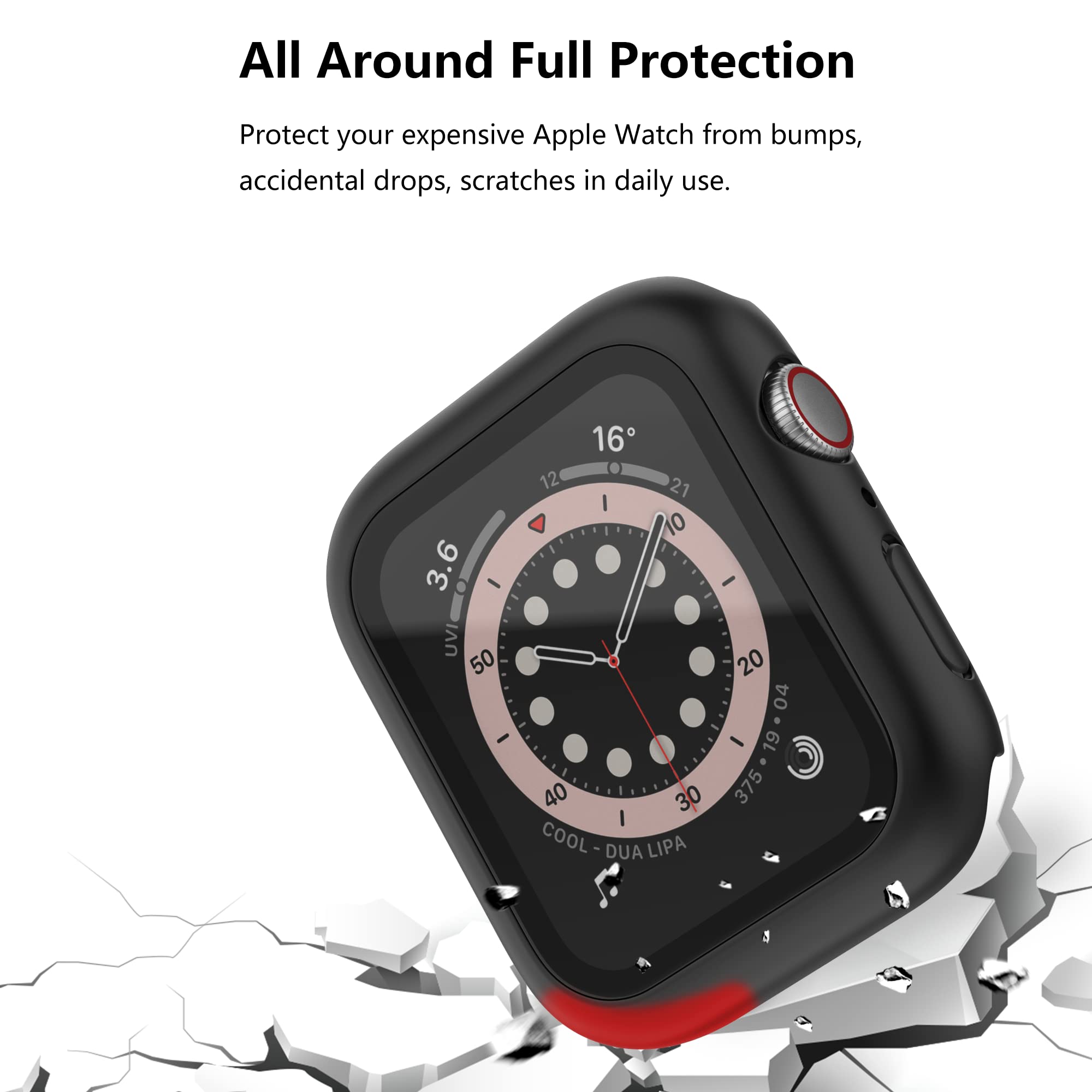[2 Pack] Restoo Case Compatible for Apple Watch Series 6/5/4/SE 44mm with Tempered Glass Screen Protector,HD Clear Touch Sensitive Ultra Thin Hard PC Protective Cover-44mm,Black + Clear