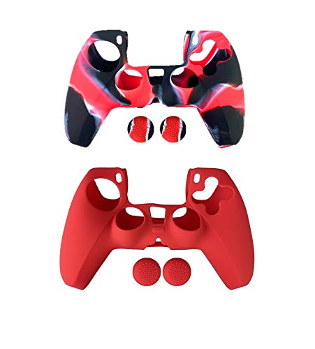 [2 PACK] PS5 DualSense Anti-Slip Silicone Skin Controller for Sony PlayStation 5 with Thumb Grips (Red & Red Marble)