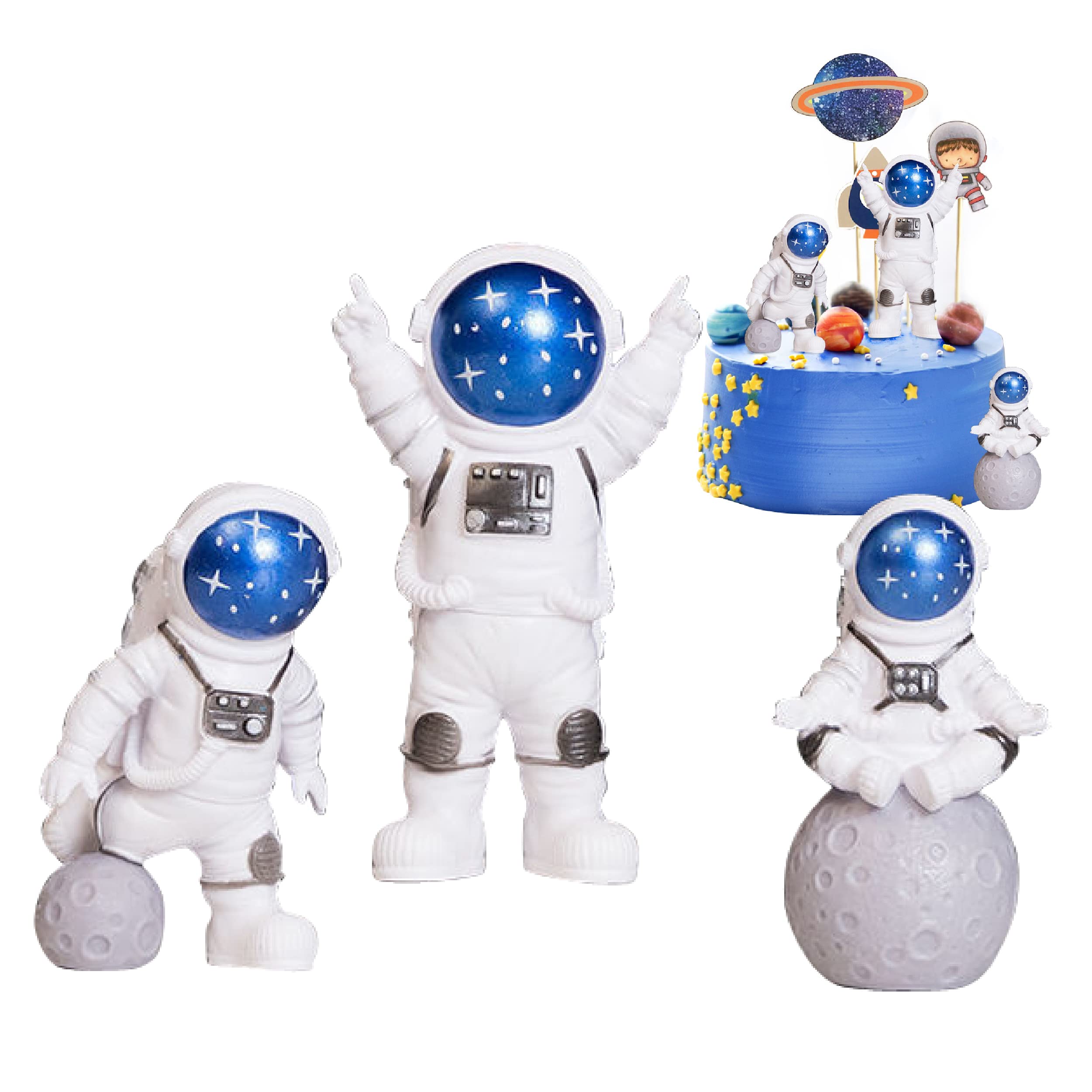 [ 3Pcs ] Astronaut Figurines Cake Topper Miniature Astronaut Toys Ornament Home Arts and Crafts Desktop Accessories Tabletop Decoration Spaceman Party Gifts(blue)
