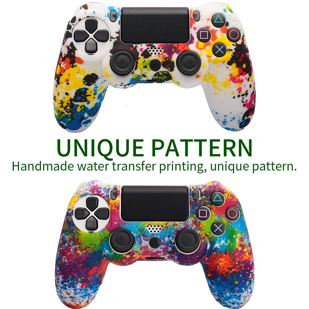 [2 Pack] Skin Cover for Sony PS4/slim/Pro Dualshock 4 Controller , Colorful Silicone Protecte Case Printing Cool, with Pro Thumb Grips x 12