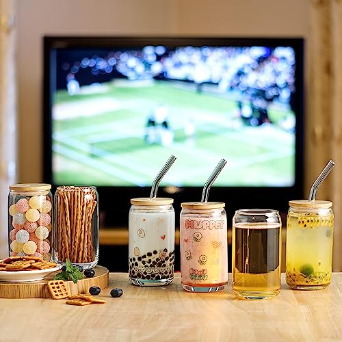 [ 12pcs Set ] Glass Cups with Bamboo Lids and Glass Straw - Beer Can Shaped Drinking Glasses, 16 oz Iced Coffee Glasses, Cute Tumbler Cup for Smoothie, Boba Tea, Whiskey, Water - 4 Cleaning Brushes