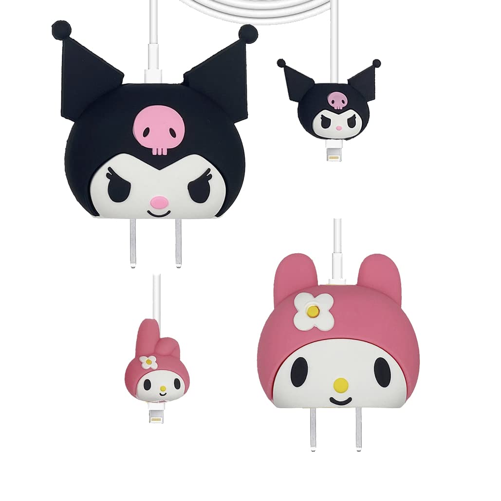 [2Pack] Protective Case for iPhone 20W USB-C Power Adapter USB Lightning Cable, Cute Cartoon Series Soft Silicone Fast Lightning Chargers Cable Protective Cover for iPhone Charger (Melody/Black Hood)