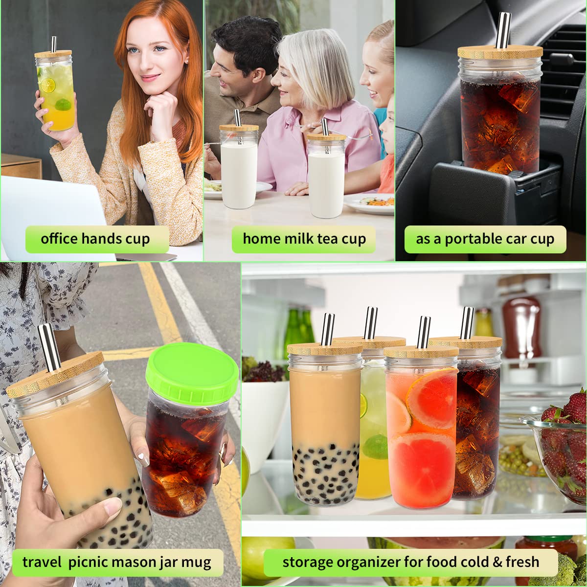 [ 4 Pack ] Glass Cups Set - 24oz Mason Jar with Straw Reusable Wide Mouth Bubble Smoothie Bobo Iced Coffee Cup w 12 Airtight Lids Brush,Tumbler Drinking Bottle for Pearl Tea, Juice