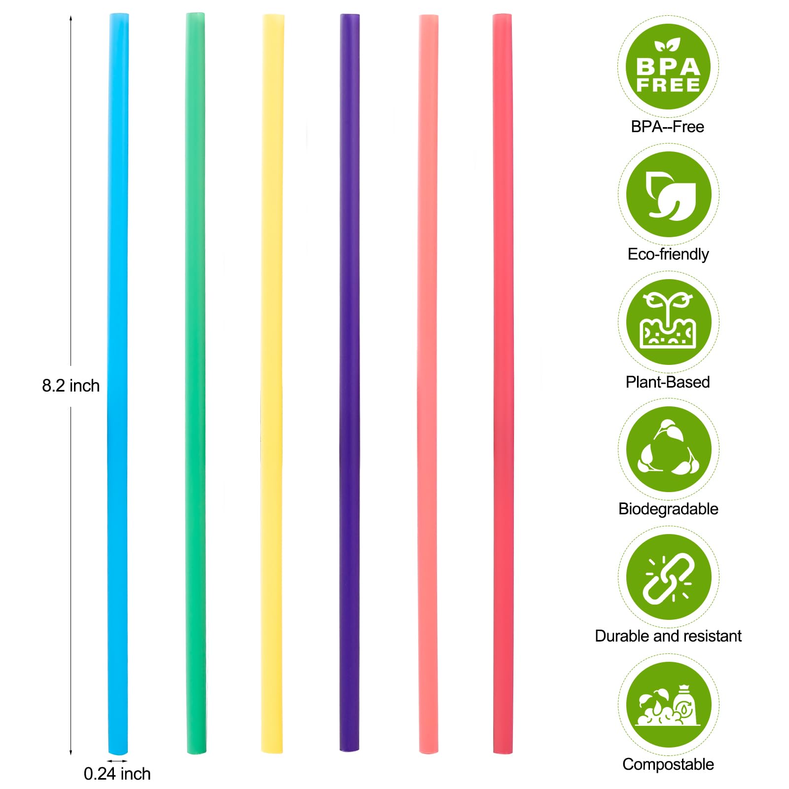 [100 Pcs] Biodegradable Compostable Disposable Colorful Straws - PLA Plant Based Drinking Straws for Juice Coffee Cocktail Cold Drinks (8.25" LongX0.23" Wide)