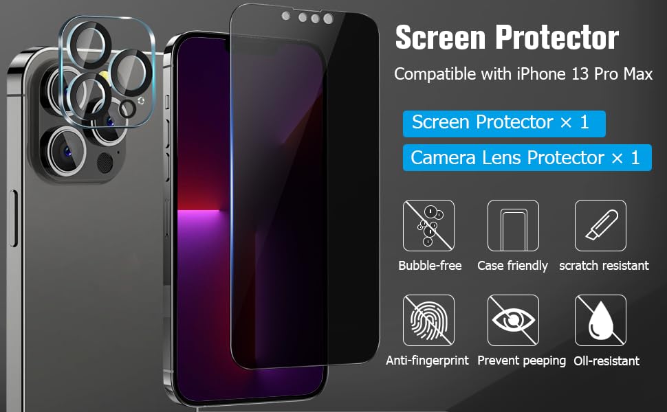 [1+1 Pack] For iPhone 13 Pro max Privacy Glass Screen Pro maxtector + Camera lens Pro maxtector, Anti-Glare 360 Degree Privacy 9H Anti-Spy Tempered Glass Screen Pro maxtector,for iPhone 13 Pro max