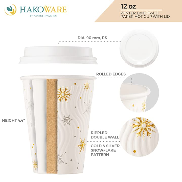[100 SET]Harvest Pack 12 oz Christmas Coffee Cups, White Snowflake Winter Disposable Paper Cups, Insulated Ripple Wall Paper Cups with Lids, XMAS Gold and Silver Foil, Hot Chocolate To go
