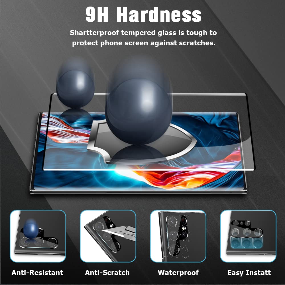 [2+2Pack] Galaxy S22 Ultra Screen Protector,Contain 2Pack Camera Lens Protector, Fingerprint Unlock 9H Hardness HD Tempered Glass [Full Coverage] [No Bubbles] [3D Touch] for Samsung Galaxy S22 Ultra