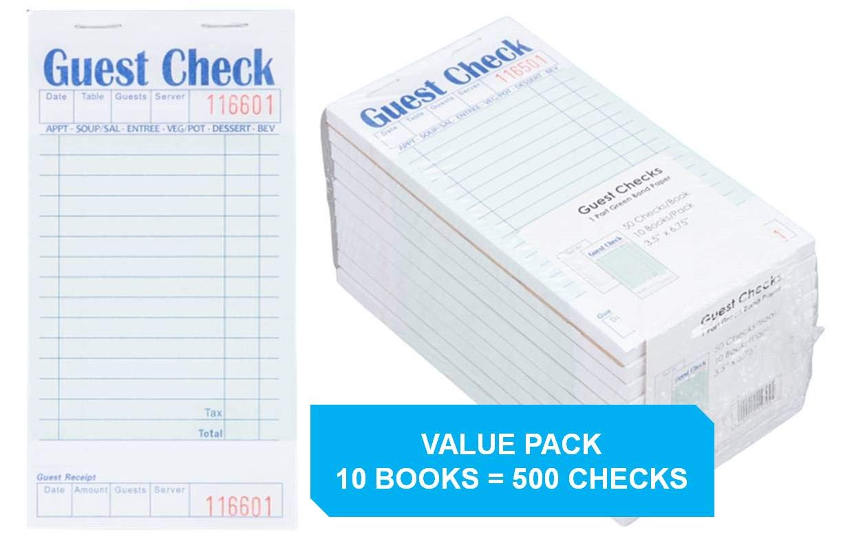 [10 Pads, 50 Sheets/Pad] Single Part Guest Checks Notebook/Notepad for Food Kitchen Orders | Fits Staff Server Apron | Green and White Guest Receipt Book | For Business Bar Cafe Restaurant Waitress