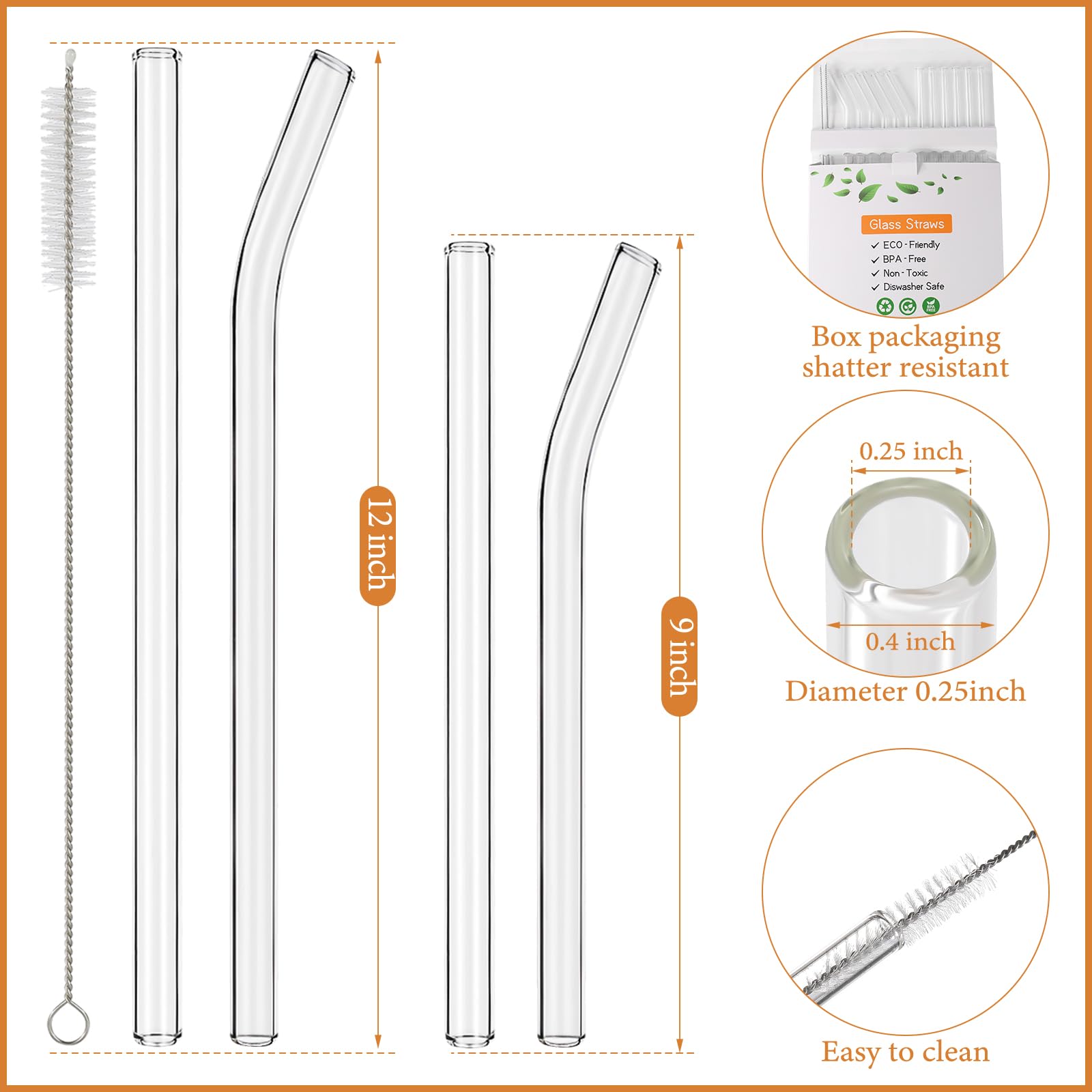 [12 Pcs] Reusable Glass Straws Shatter Resistant - Replacement Glass Straws for Stanley 40 oz 30 oz 20 oz Tumbler 12" x 10mm and 9" x 10mm Each Including 3 Straight and 3 Bent with 2 Cleaning Brush
