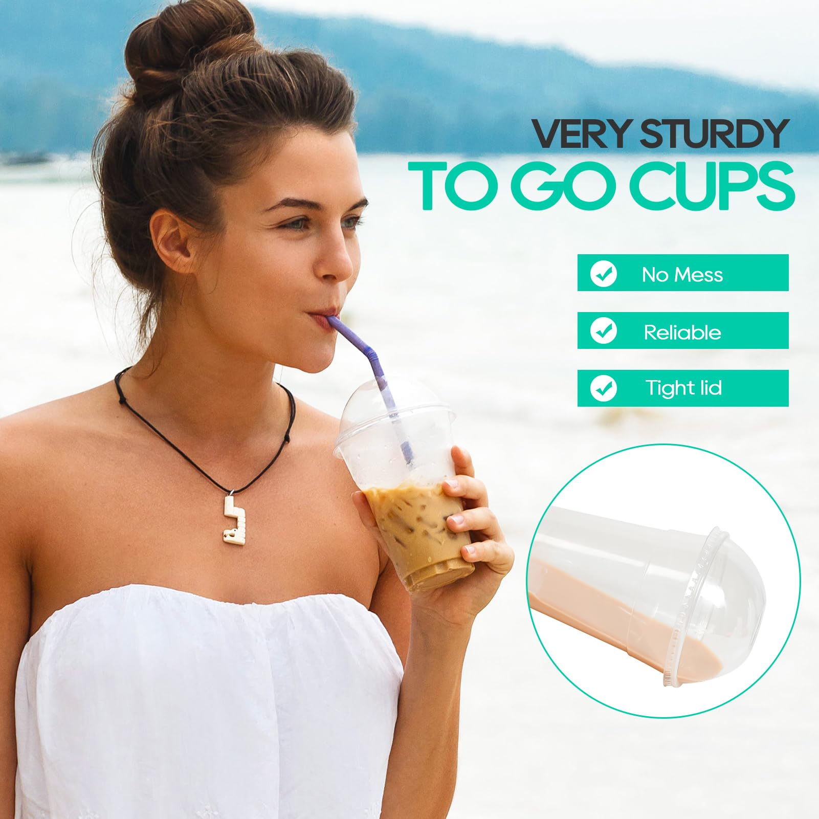 [100 Pack] 16 oz Clear Plastic Cups With Flat Slotted Lids, Disposable Drinking Party Cups for Iced Cold Drinks Coffee Tea Smoothie Bubble Boba