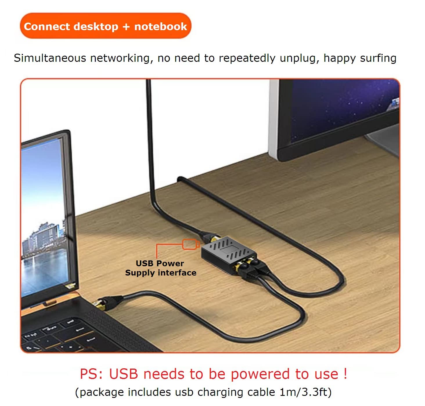 [2 Devices Simultaneous Networking] Ethernet Splitter 1 to 2 RJ45 Extender, Network Switch Converter with 3.3FT USB Charing Cable, Suitable for CAT 5/6/6E/7/8, Computer/Router/TV Box