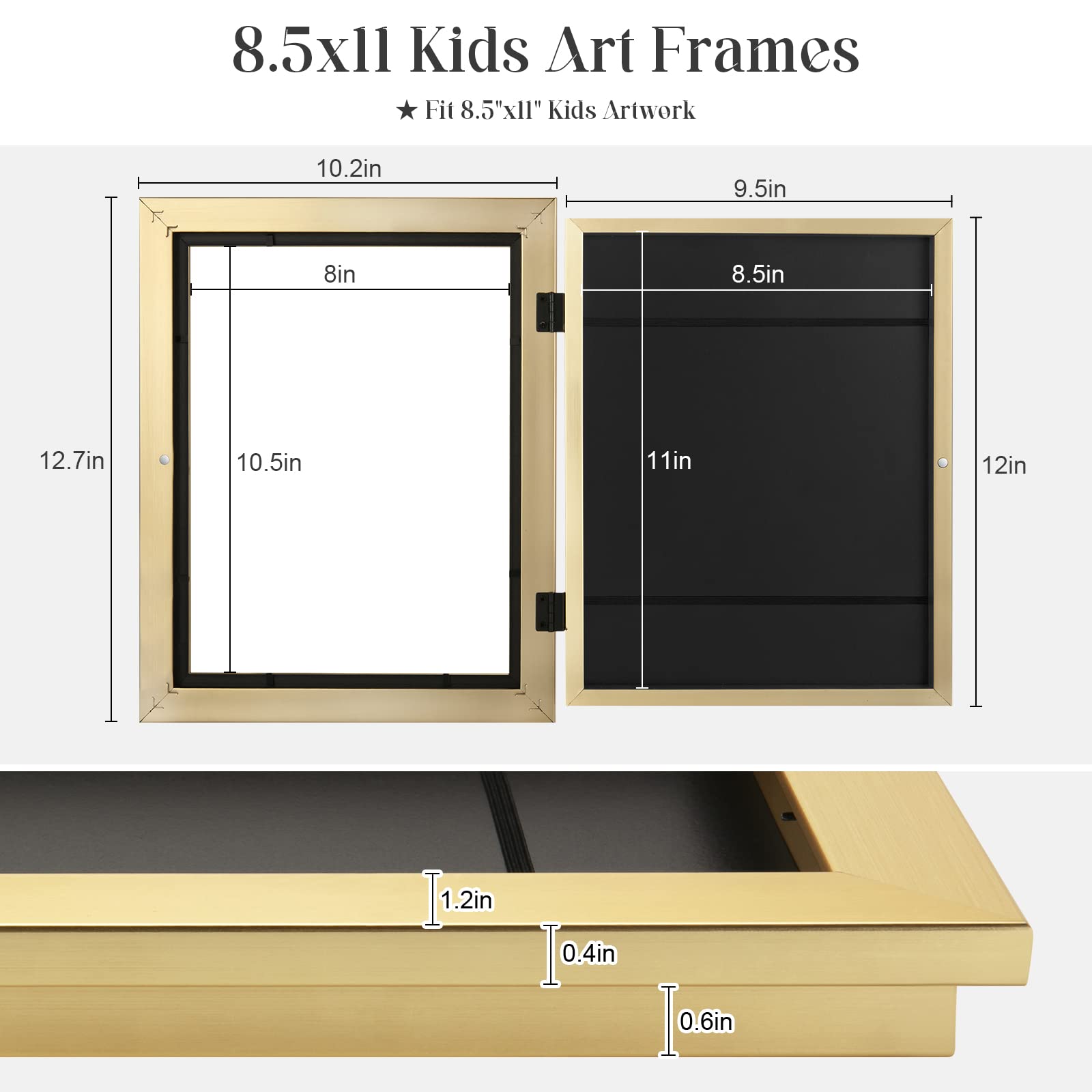 [2-Pack] Kids Art Frames, 8.5x11 Front Opening Kids Artwork Frames Changeable, Gold Artwork Display Storage Frame for Wall, Holds 50 Pcs, for 3D Picture, Crafts, Children Drawing, Hanging Art,