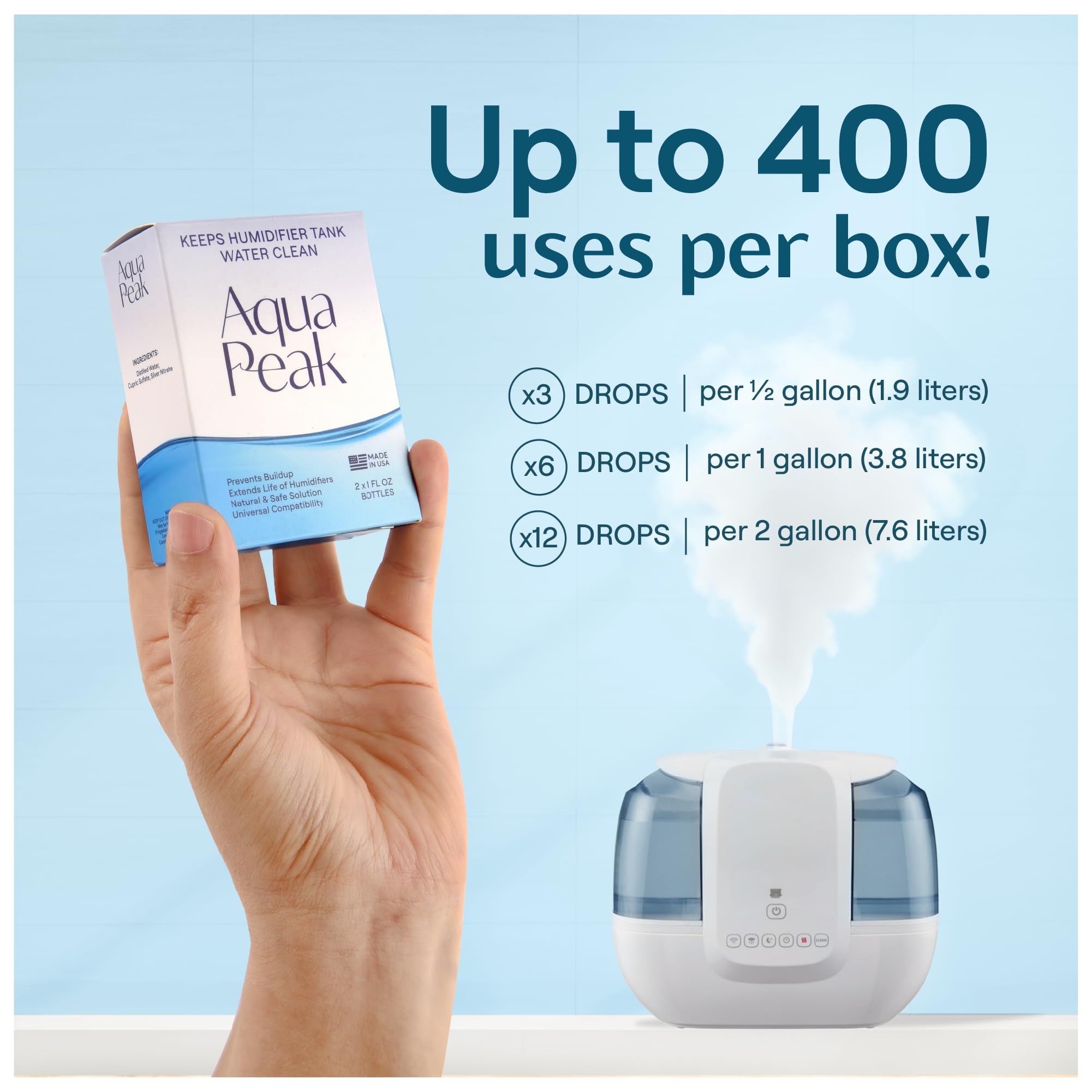 [2-Pack] Humidifier Drops for a Clean Tank - 400+ Uses - Food Grade Humidifier Cleaner - Slows Residue Accumulation and Scaling - Made in USA - Humidifier Water Treatment Cleaning Solution