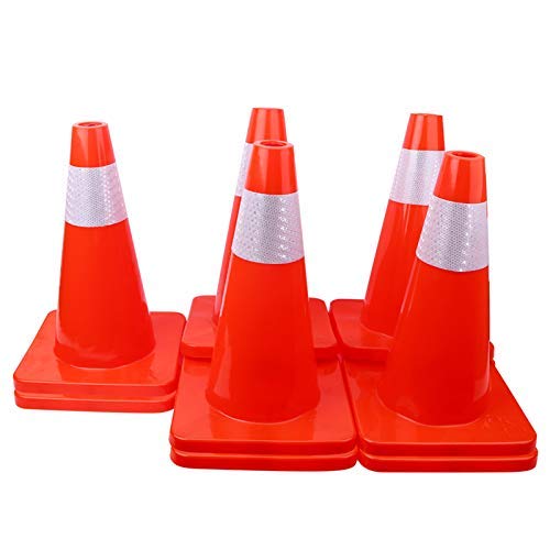 [ 10 Pack ] 18" Traffic Cones PVC Safety Road Parking Cones Weighted Hazard Cones Construction Cones for Traffic Fluorescent Orange w/4" Reflective Strips Collar Traffic Safety Cones
