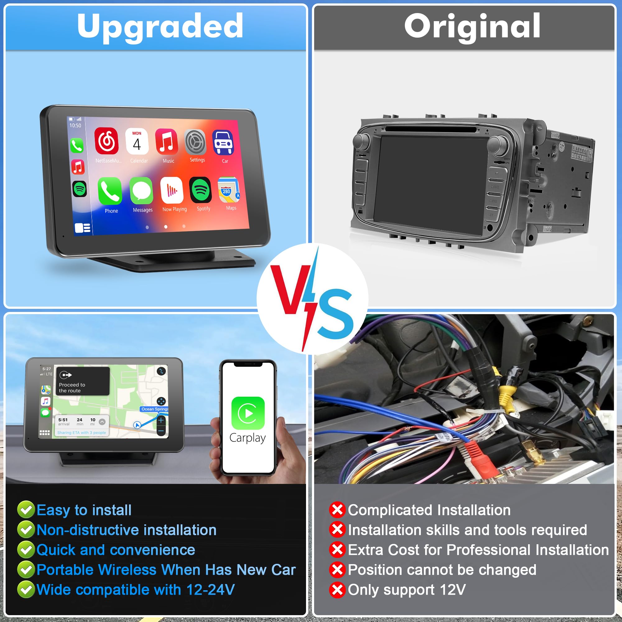 [2023 Upgrade] Portable Car Stereo with Wireless CarPlay and Android Auto,7" HD Portable Carplay Touch Screen Car Stereo, Multimedia Player with Mirror Link/GPS/Siri/Bluetooth Support Most car Models