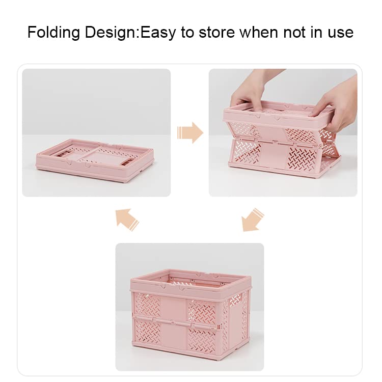 [2-Pack] Plastic Baskets for Shelf Storage Organizing, Durable and Reliable Portable Folding Storage Crate, Ideal for Home Kitchen Classroom and Office Organization, Bathroom Storage-Pink