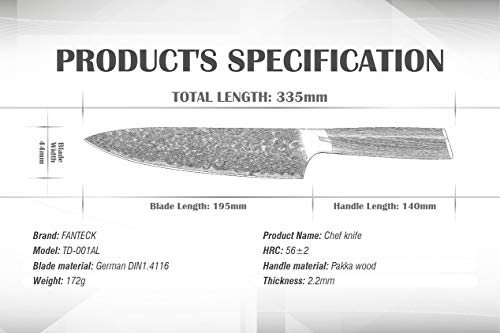 [8 Inch]Chef Knife,FANTECK Kitchen Knife Ultra Sharp Pro German High Carbon Stainless Steel Meat Sushi Fruit Vegetable Cutting Gyuto Cleaver Best Chef Knife[Gift Box]-Ergonomic Pakkawood Handle
