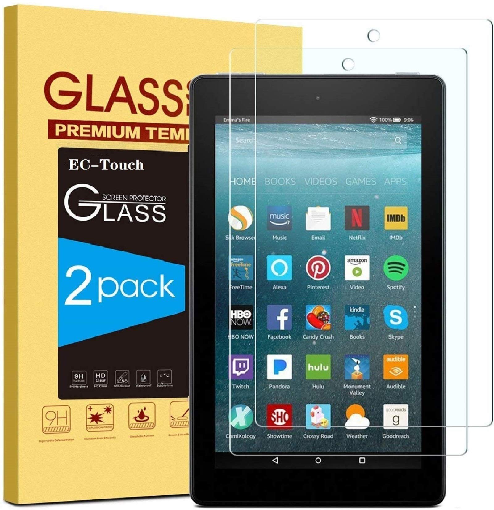 [2 Pack] All-new Fire 7 Screen Protector (9th / 7th Generation, 2019/2017 Release),EC-Touch 9H Hardness HD Anti-Scratch Bubble Free Tempered Glass for Fire 7 Inch 2019/2017 (Fire 7-2p)