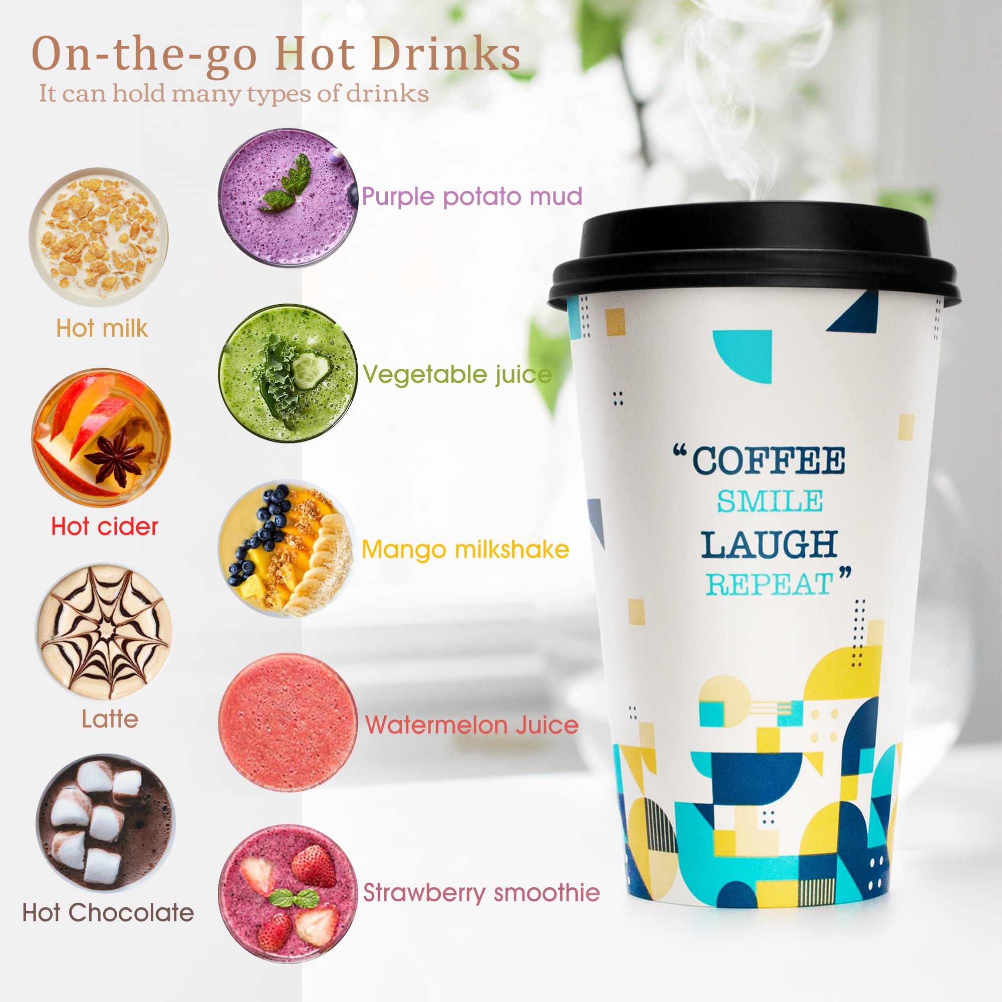 [100 Pack] To Go Coffee Paper Cups with Lids 16 oz | Disposable Coffee Cups with lids | Reusable & Recyclable | Hot & Cold Beverage Drinking Cups for Espresso Tea Water Milk
