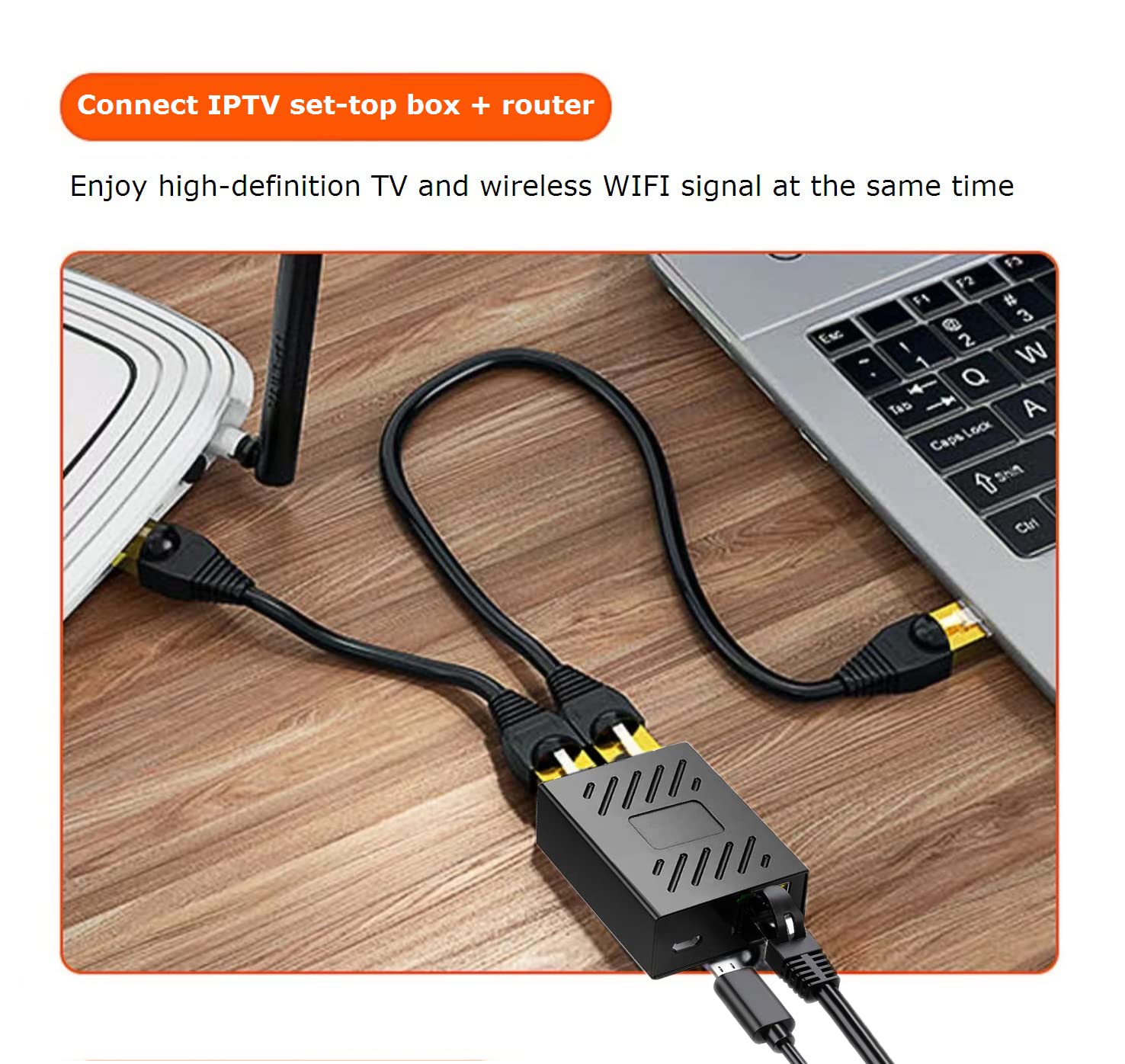 [2 Devices Simultaneous Networking] Ethernet Splitter 1 to 2 RJ45 Extender, Network Switch Converter with 3.3FT USB Charing Cable, Suitable for CAT 5/6/6E/7/8, Computer/Router/TV Box