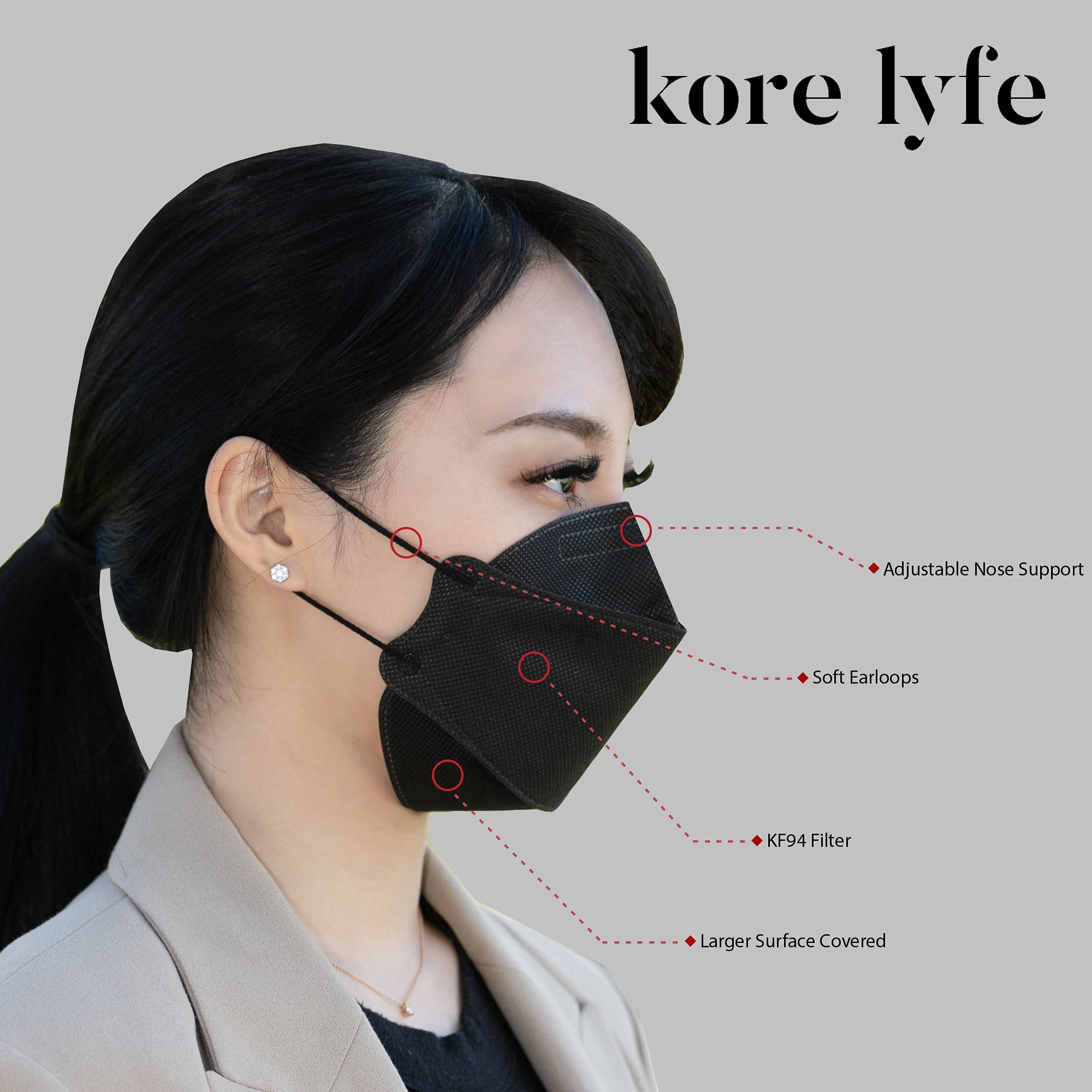 [10 PCS] 25% LARGER KF94 Face Mask - X-LARGE BLACK - [Made in Korea] - In 5 PCS Reclosable Package - Breathable Premium Quality - [Package in English]