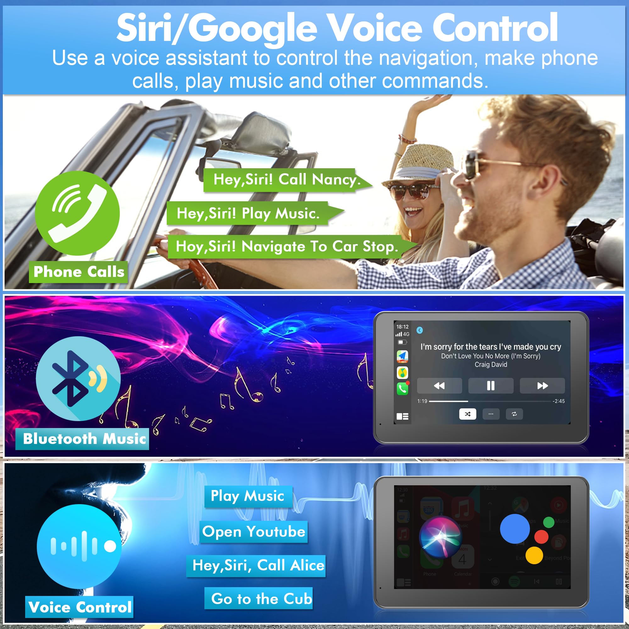 [2023 Upgrade] Portable Car Stereo with Wireless CarPlay and Android Auto,7" HD Portable Carplay Touch Screen Car Stereo, Multimedia Player with Mirror Link/GPS/Siri/Bluetooth Support Most car Models