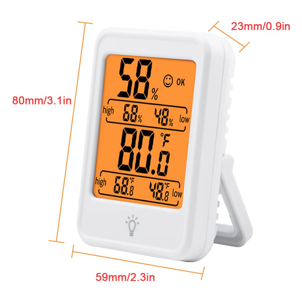 [2 Pack] TIQUS Hygrometer Humidity Gauge Indicator Digital Indoor Thermometer Room Temperature and Humidity Monitor with Touch Backlight White