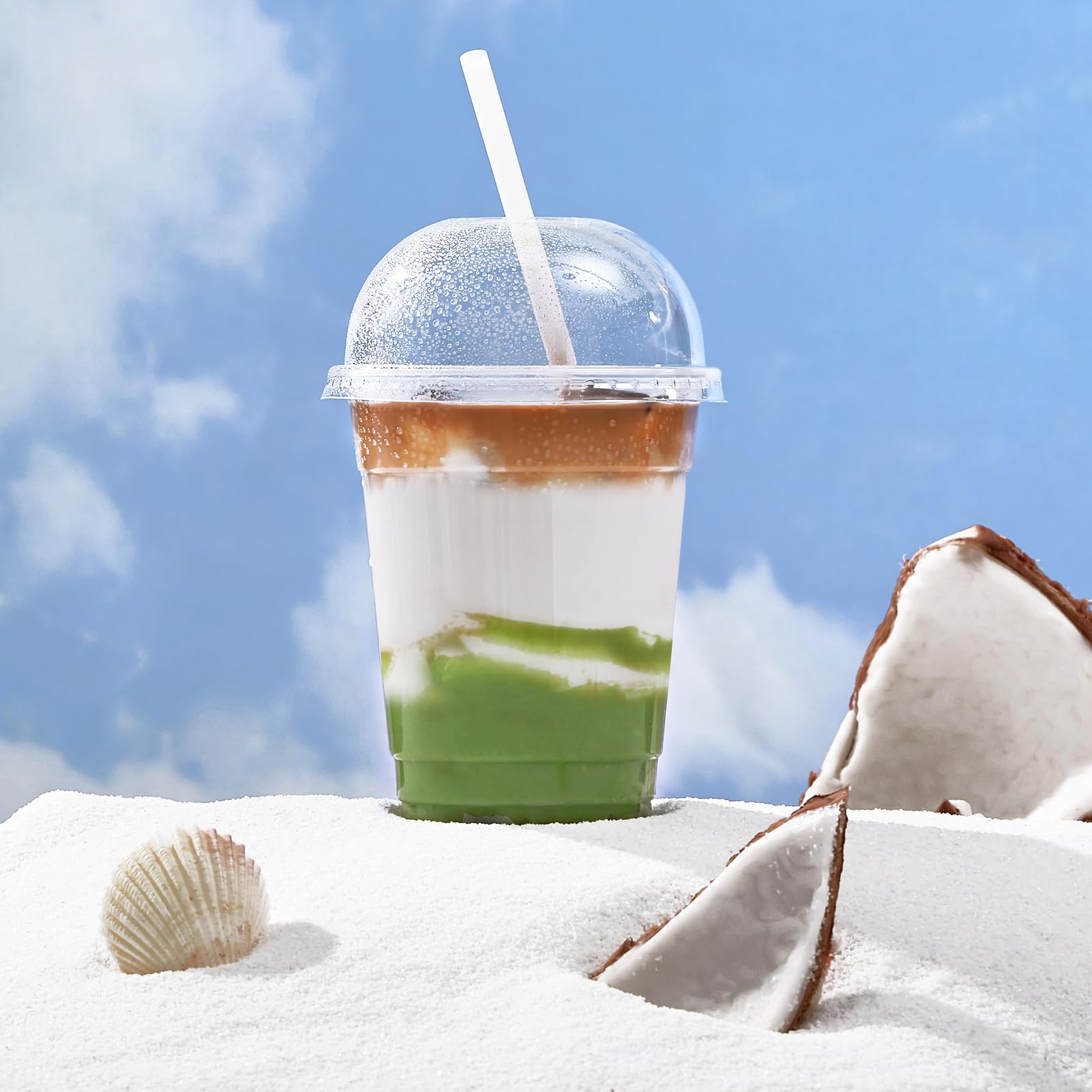[100 Pack] 16 oz Clear Plastic Cups With Flat Slotted Lids, Disposable Drinking Party Cups for Iced Cold Drinks Coffee Tea Smoothie Bubble Boba