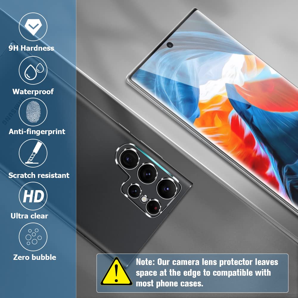 [2+2 Pack] for Samsung Galaxy S22 Ultra Screen Protector +Camera Lens, 9H Tempered Glass, Ultrasonic Fingerprint Compatible, Easy to install，HD Clear for S22 Ultra Tempered Glass