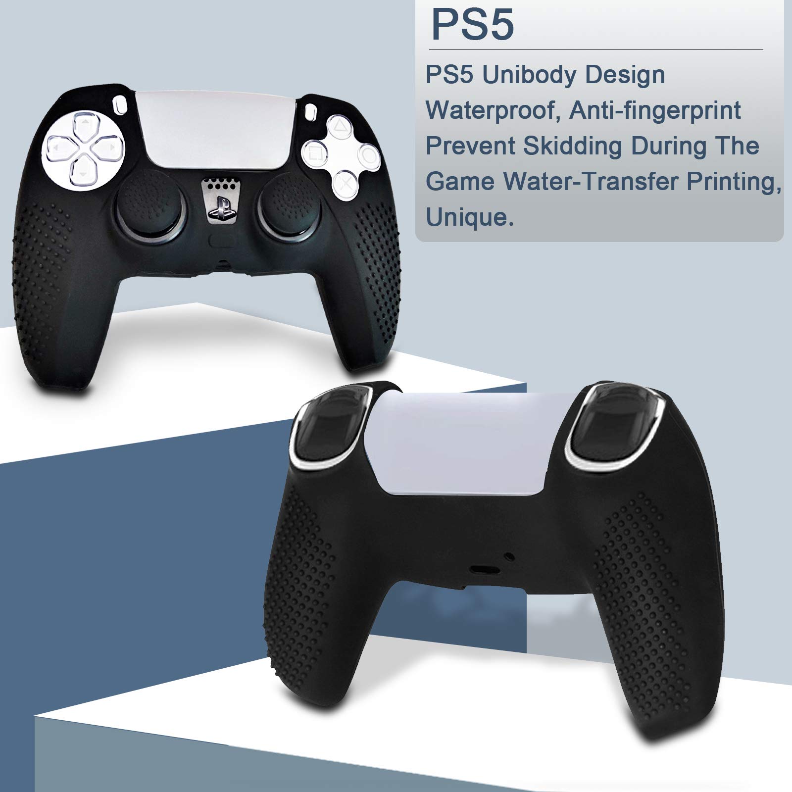 [2 Pack] Medical Grade Silicone Controller Cover for PS5 Controller, ZEYA for Controller Skins with 8 Thumb Grip Caps – Compatible with Charging Station(Black)